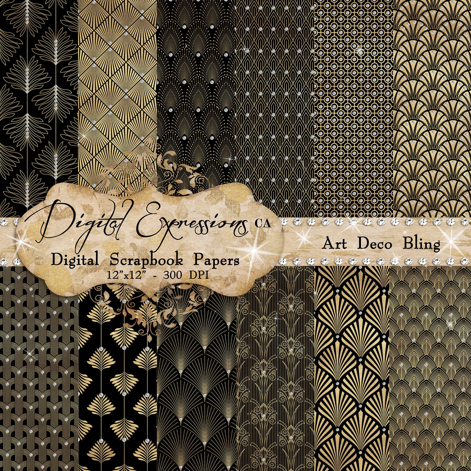 Art Deco Digital Paper ART DECO Paper Gemstones Diamond Gold | Etsy