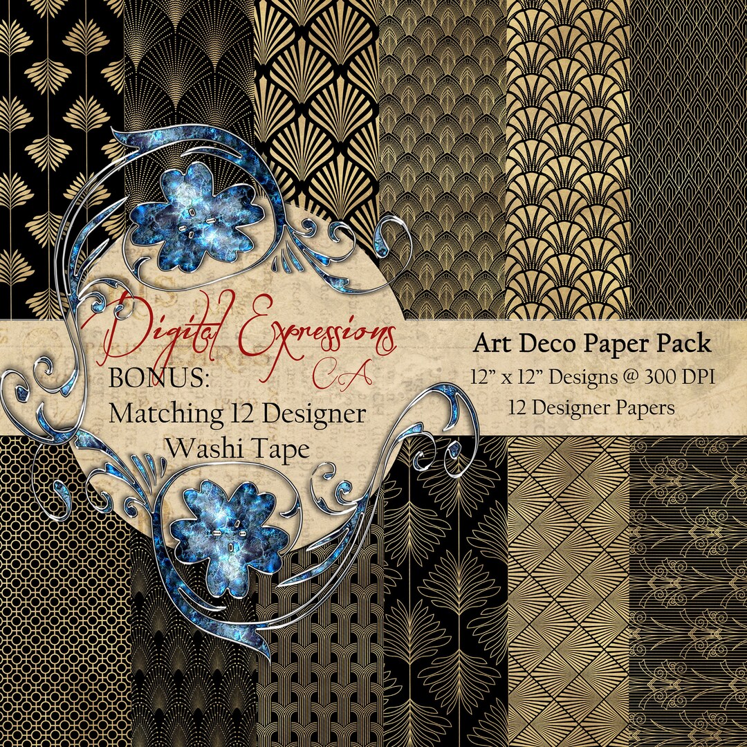 Art Deco Digital Paper Pack: Gold & Black Patterns, Washi Tape (digital ...