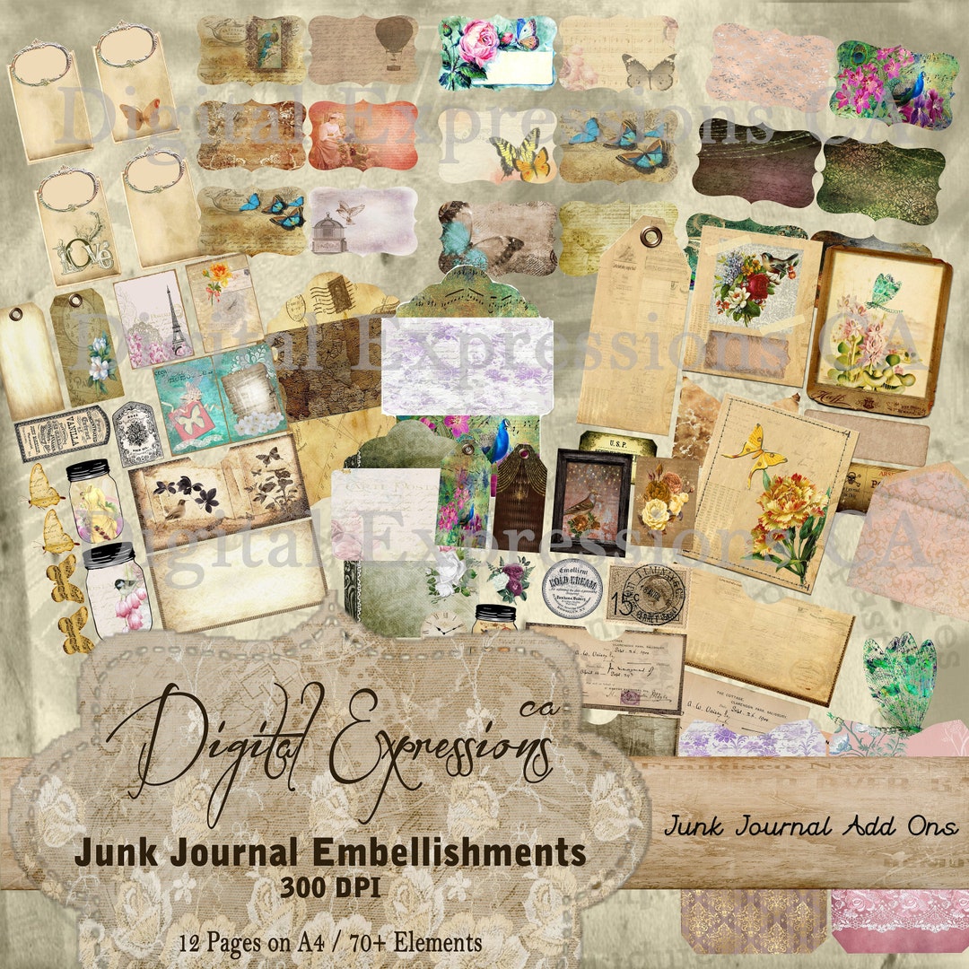 Junk Journal Kit 70+ Digital Embellishments, Digital Scrapbooking ...