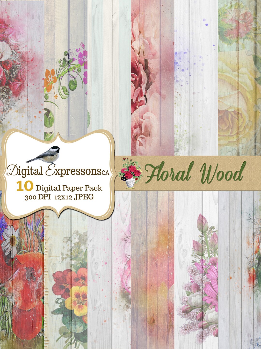 Shabby Chic Digital Paper, SHABBY CHIC Floral Vintage Wood Paper ...