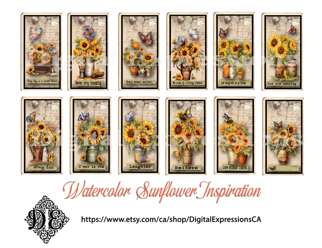 Tea Cards, Watercolor Sunflower Butterfly Pots Inspirational DIGITAL ...