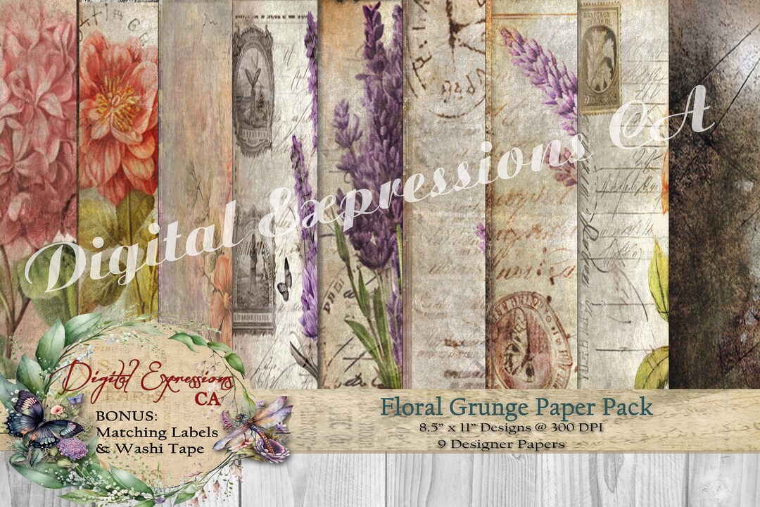 Floral Grunge Textured Digital Paper Pack With Embellishments-tags ...