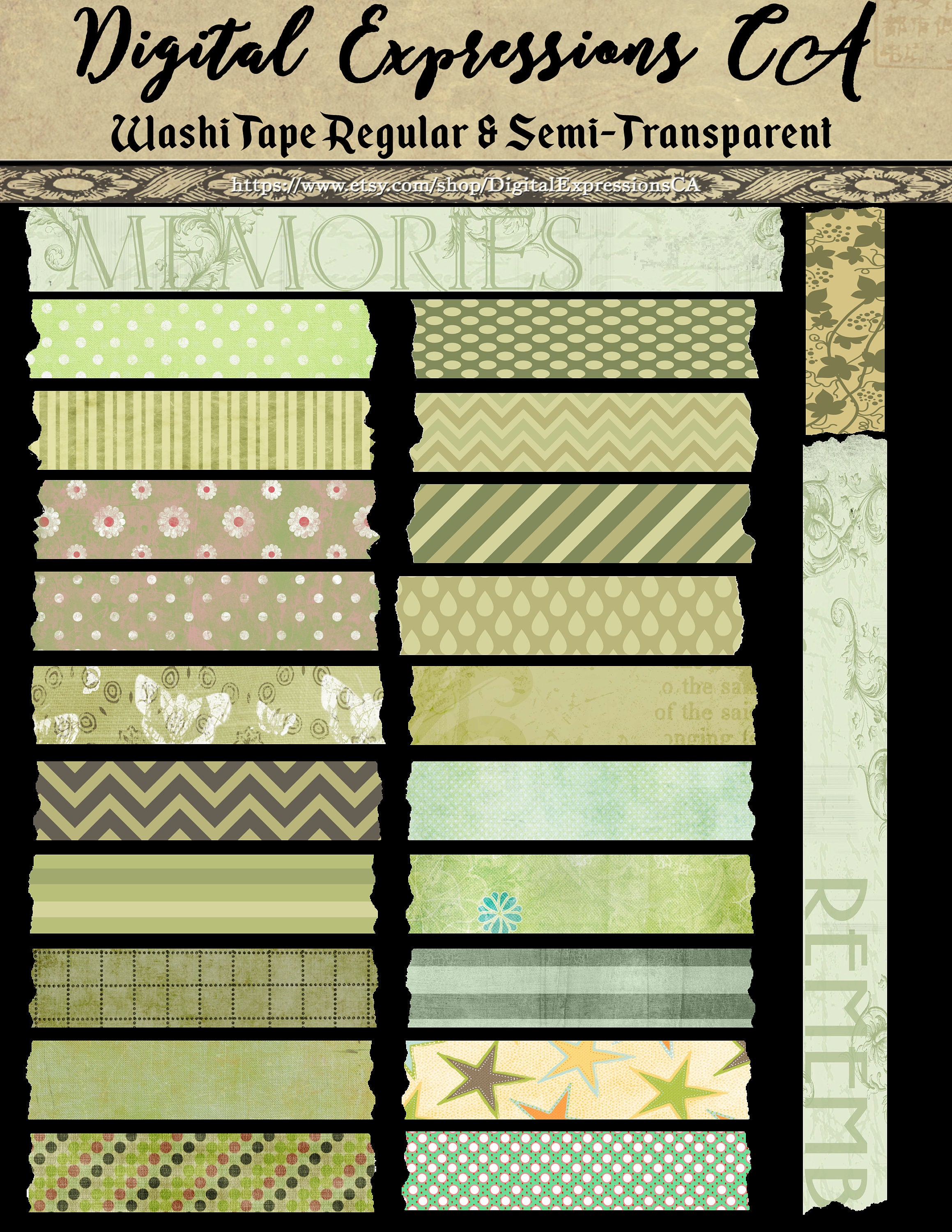 Green Vintage Pattered Washi Tape Green Pattern Paper - Etsy