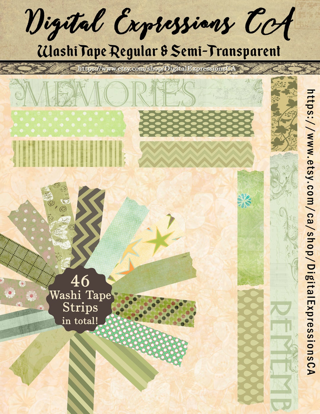 Green Vintage Pattered Washi Tape, Green Pattern Paper, Printable Craft ...