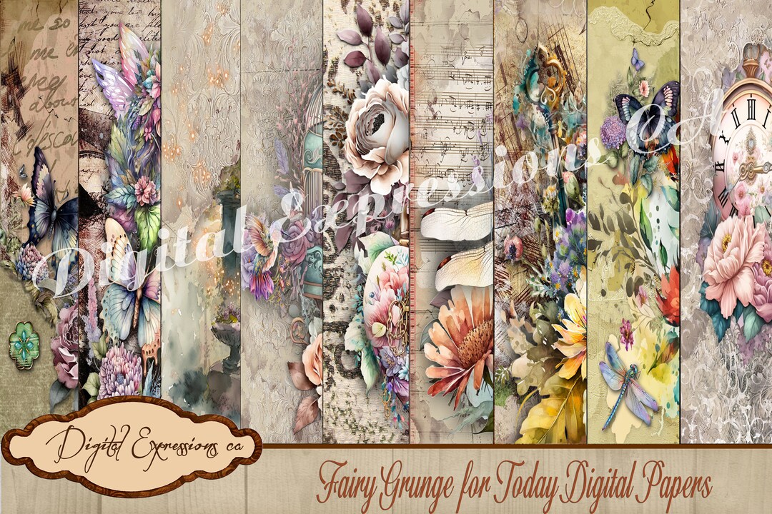 Fairy Grunge Textured Digital Paper Pack With Embellishments-tags ...