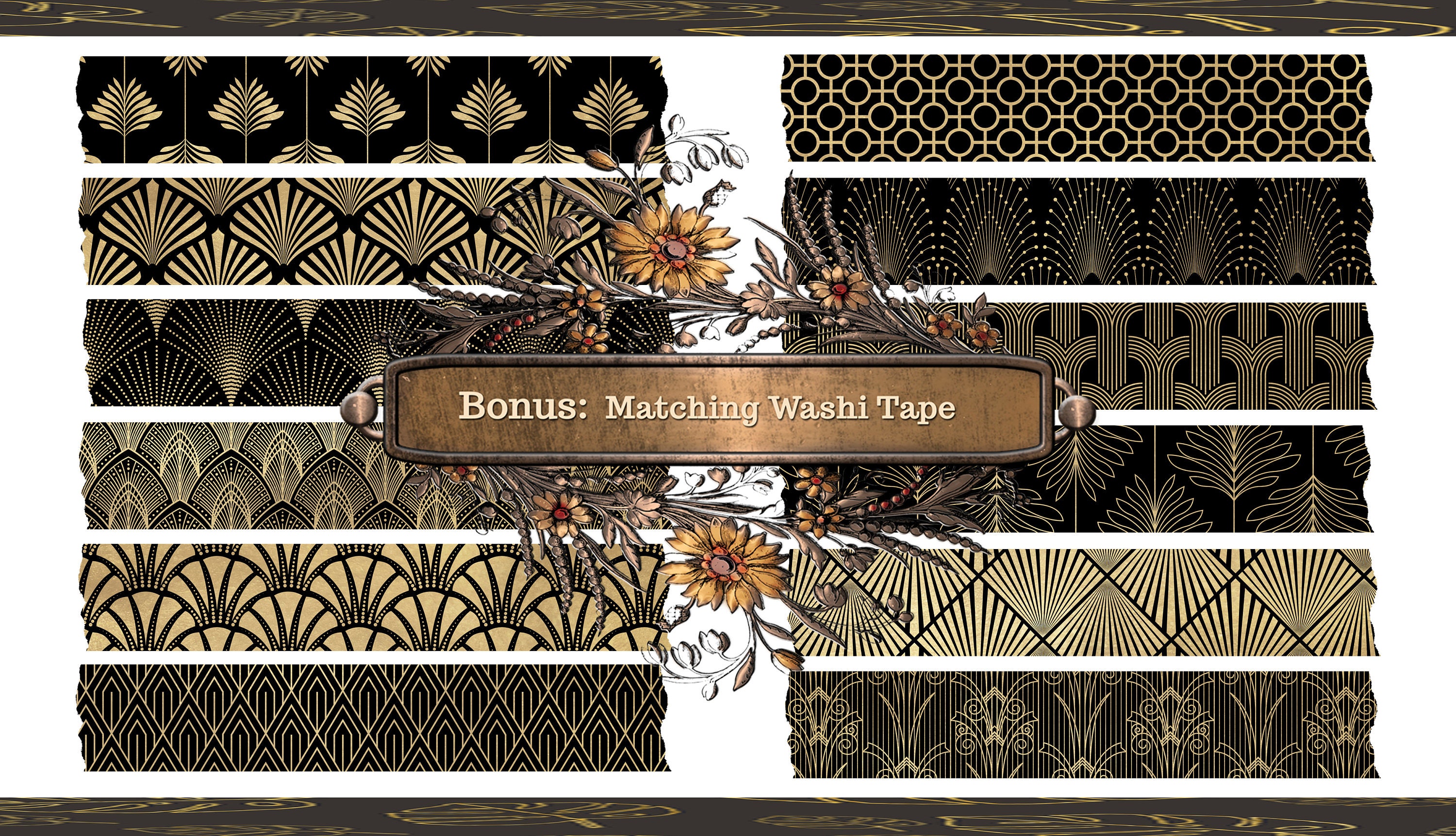 Art Deco Digital Paper Pack: Gold & Black Patterns, Washi Tape (digital ...