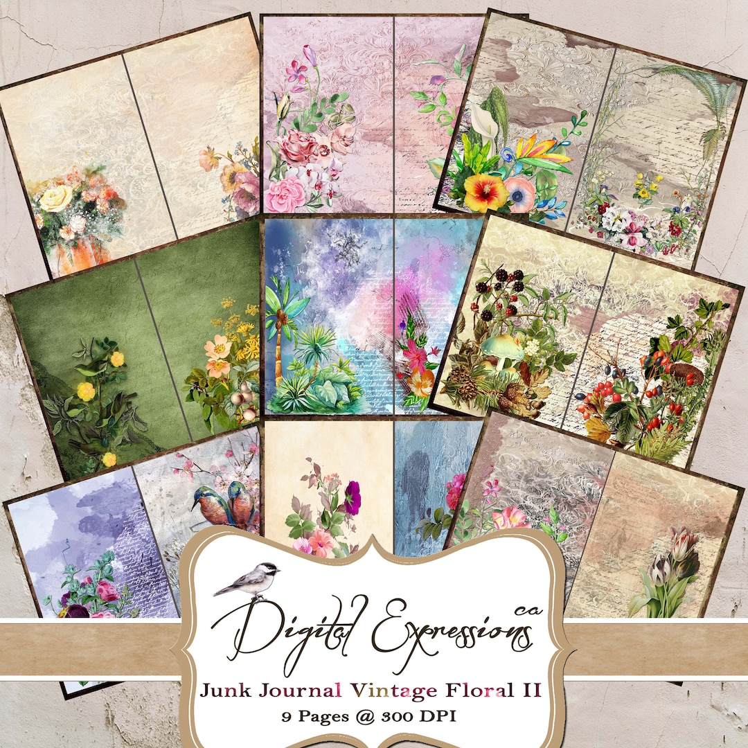 Vintage Floral 2 Junk Journal Kit, Floral Paper, Botanical Grunge Paper ...