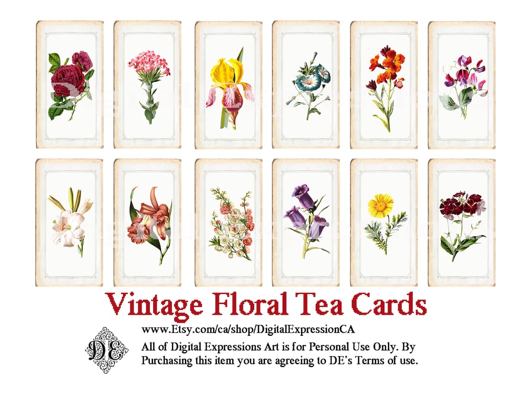 Tea Cards, VINTAGE FLORAL Digital TEA Cards, Faux Tea Cards ...