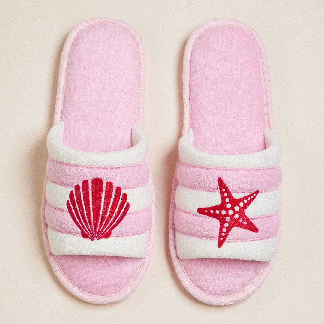 Starfish Sea Shell Embroidered Striped Pool Side Slippers / Home Indoor ...