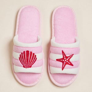 Starfish Sea Shell Embroidered Striped Pool Side Slippers / Home Indoor ...