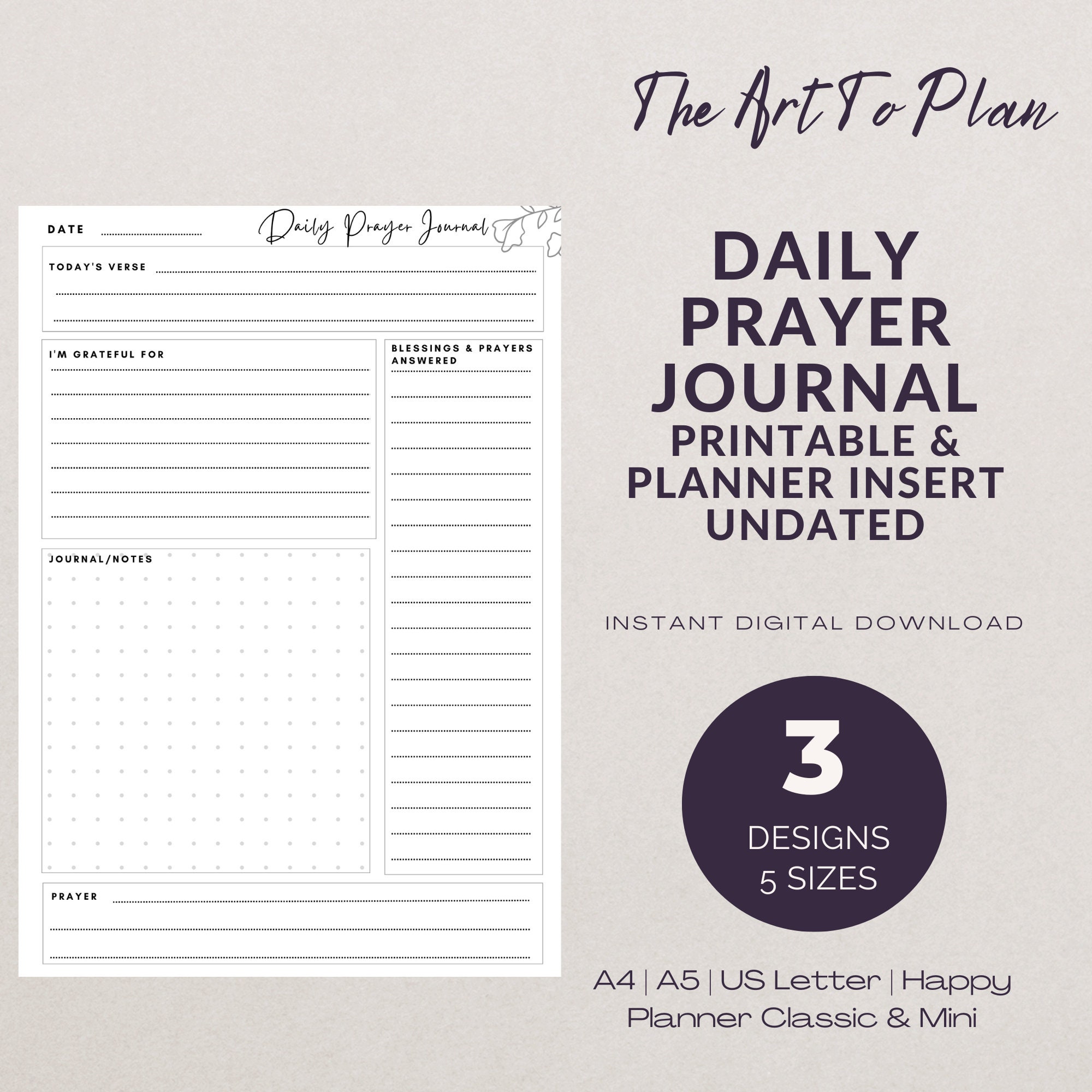 Daily Prayer Journal Printable Planner Insert A4 A5 US Letter Happy ...