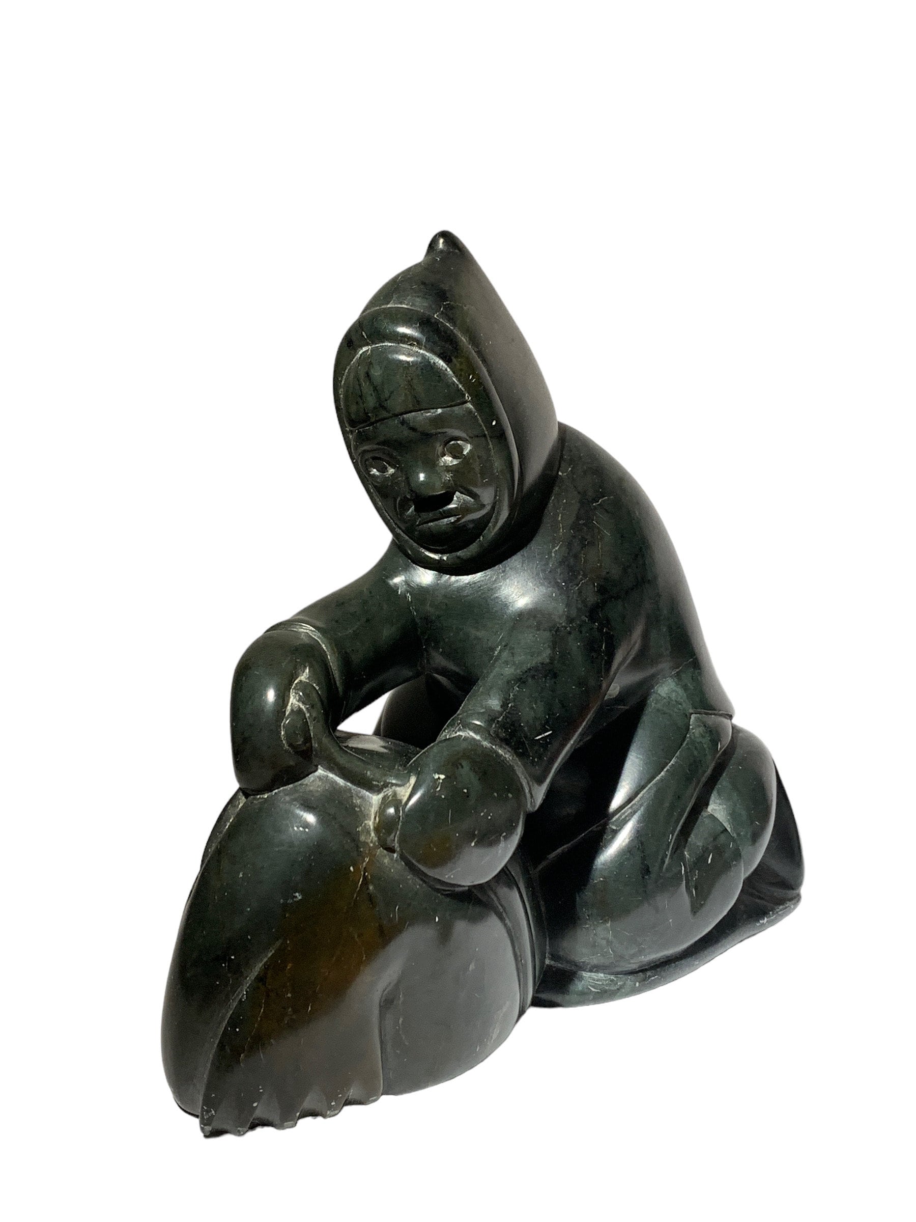 Inuit Art Dark Green Stone Carving Sculpture HUNTER & WALRUS, Syllabics ...