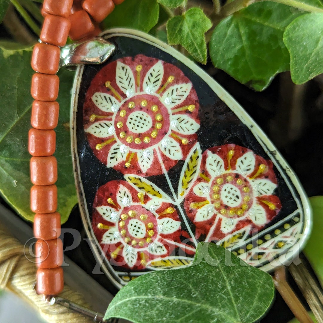 Pysanka Pendant Ostrich Shell Easter Egg Style on a Ceramic Necklace ...