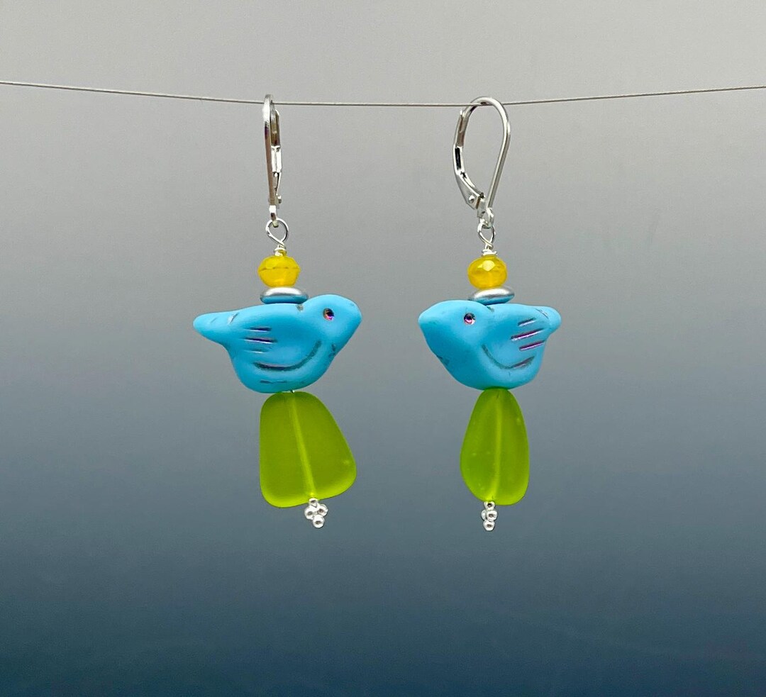 Handmade Blue Bird Earrings, Glass Bird Dangle Earrings - Etsy