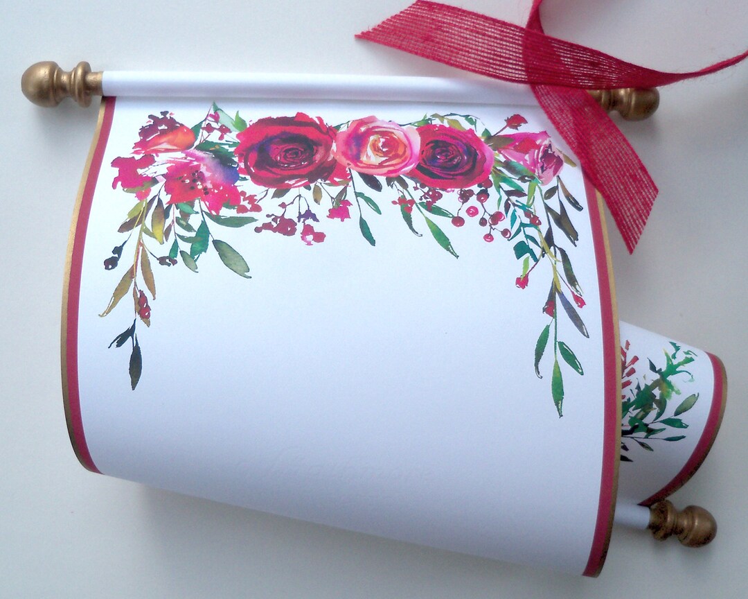 Blank Scroll With Red Roses and Gold Accents on 8x17 Inches White Paper ...