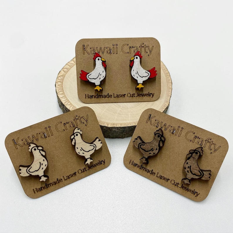 Chicken Stud Earrings, Laser Cut Hand Painted Wood, Paint Your Own DIY ...