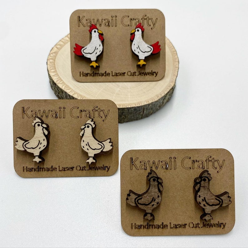 Chicken Stud Earrings, Laser Cut Hand Painted Wood, Paint Your Own DIY ...