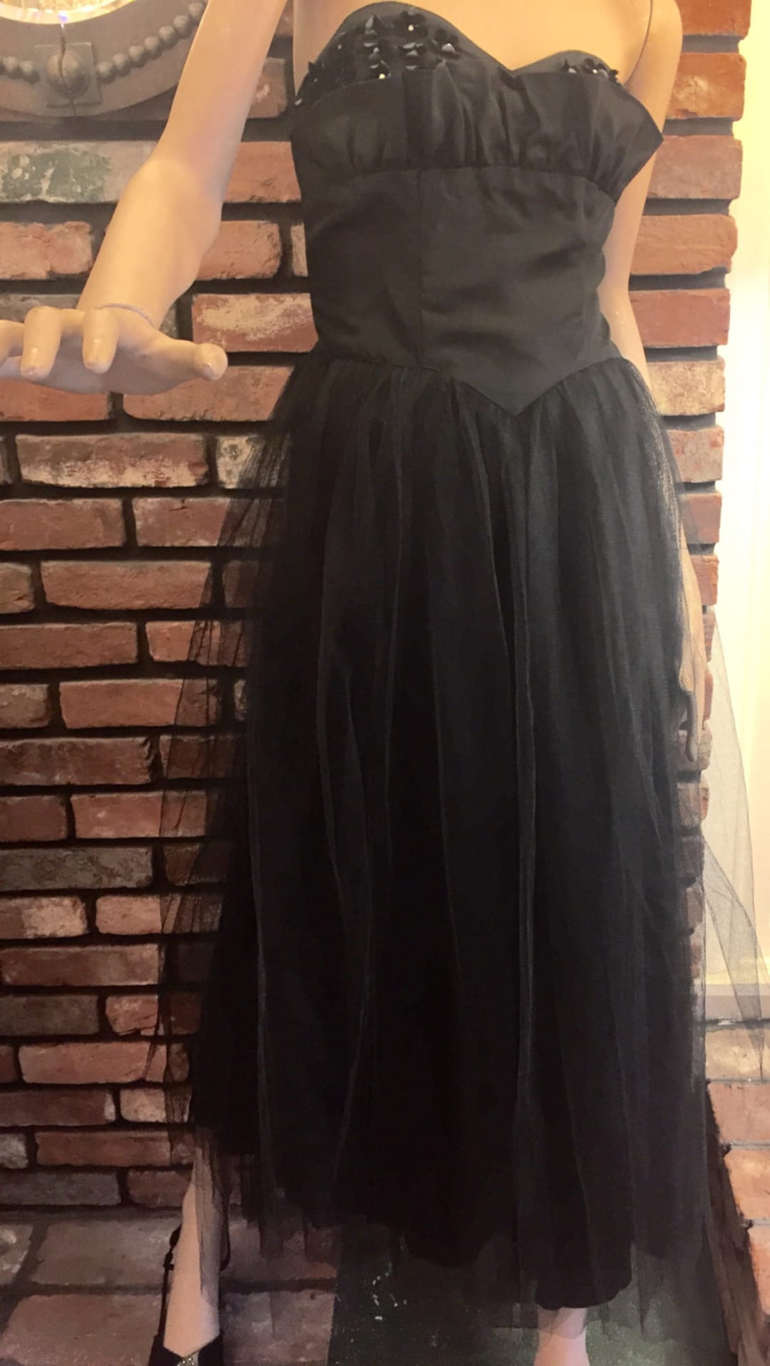 Vintage Jet Black Strapless Tulle Over Satin Gown With Black Velvet and ...