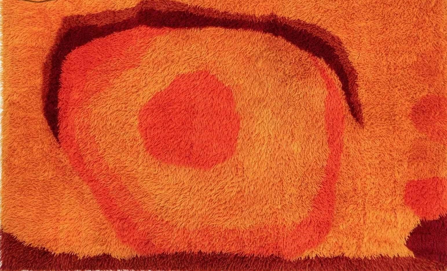 Mid Century Modern Era Rya Shag Rag in Vibrant Oranges and Reds, Ca ...