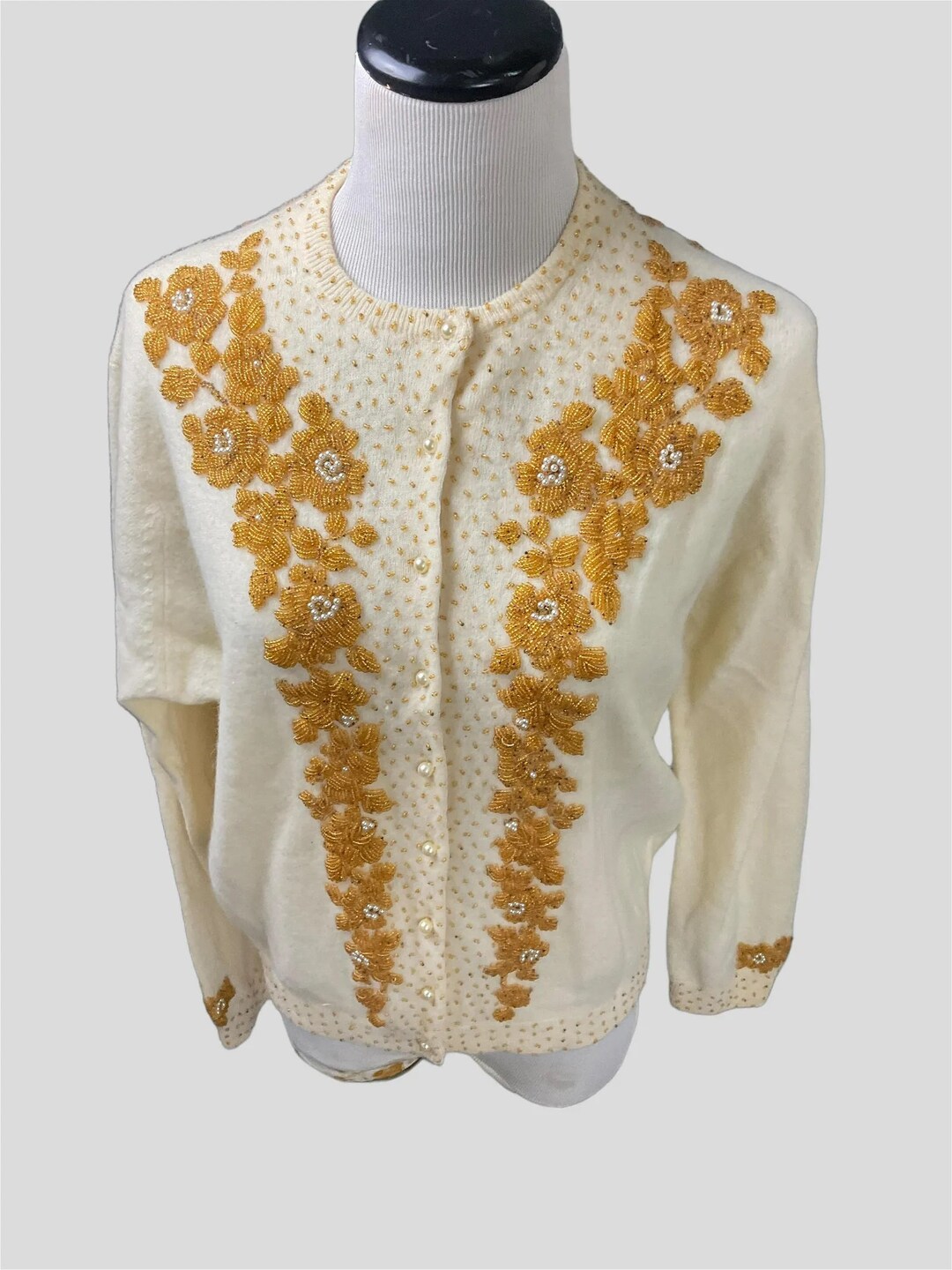 Vintage Creamy Lambswool, Angora and Nylon Cardigan Sweater With Gold ...