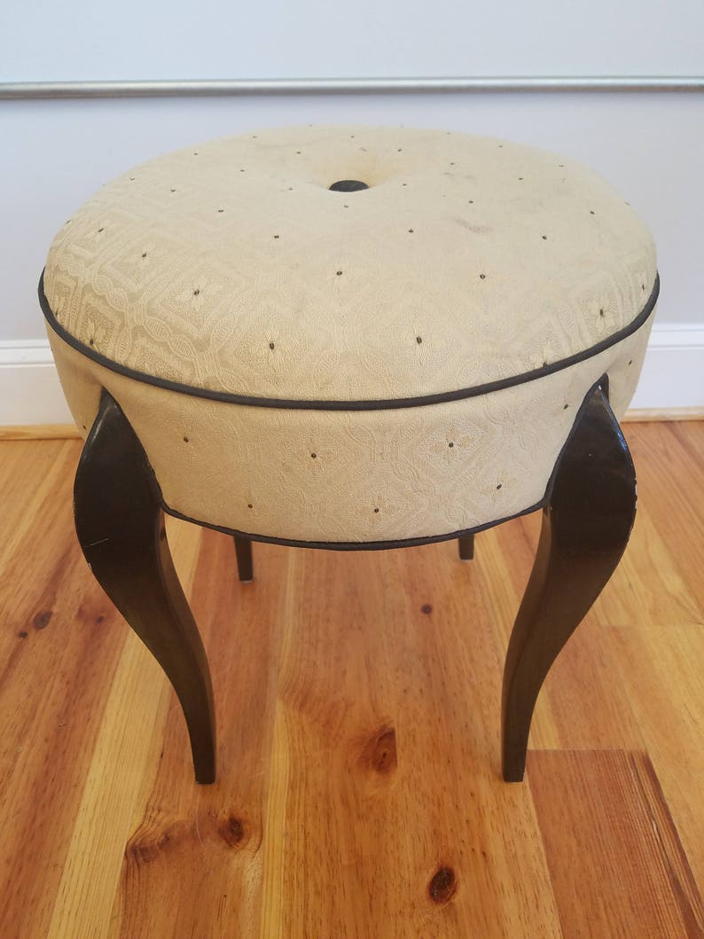 Art Deco Era Black Lacquered Wood Poof Stool With Cream and Black ...