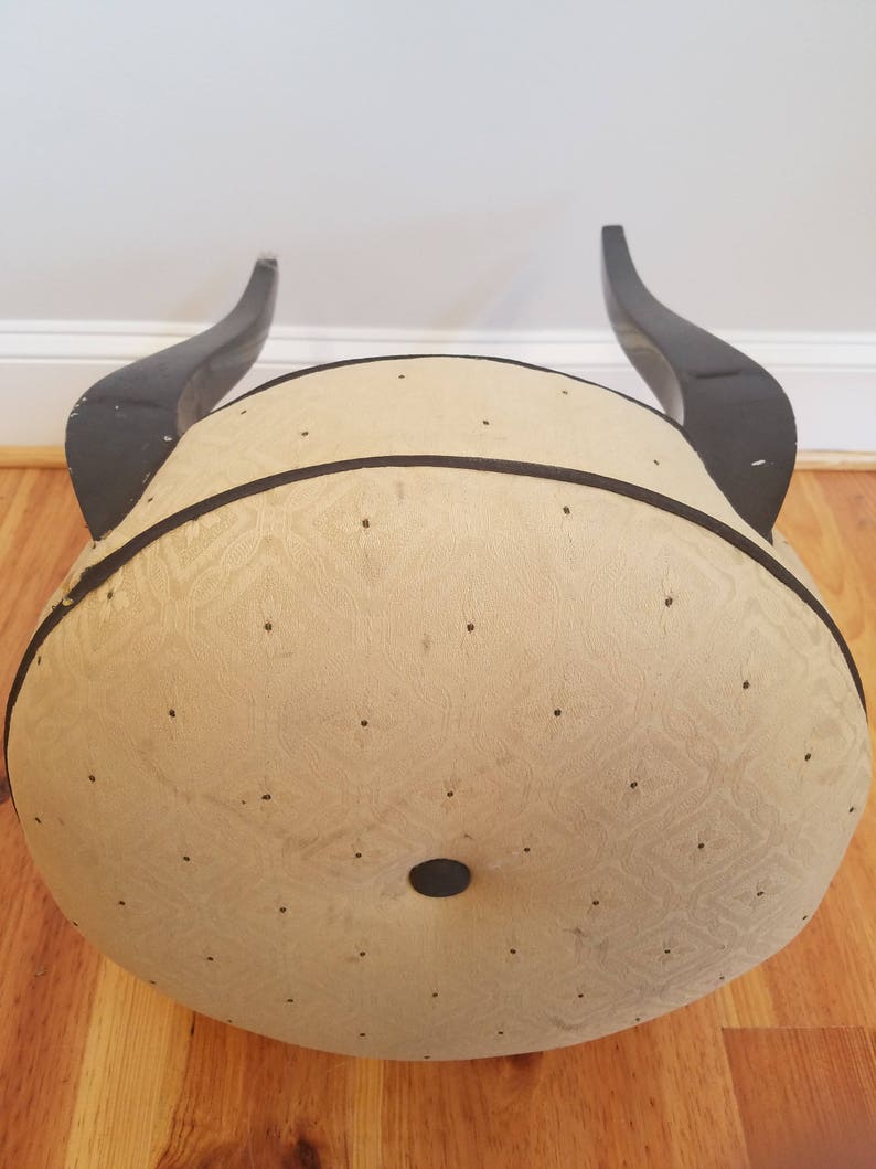 Art Deco Era Black Lacquered Wood Poof Stool With Cream and Black ...