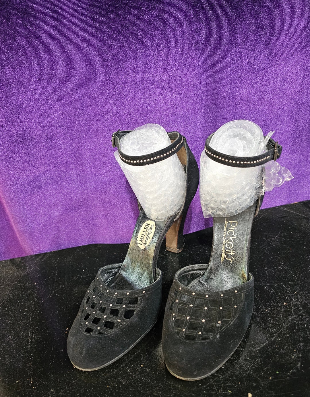 Late 1940s Early 1950s Vintage Black Suede Ankle Strap Shoes, I Miller ...