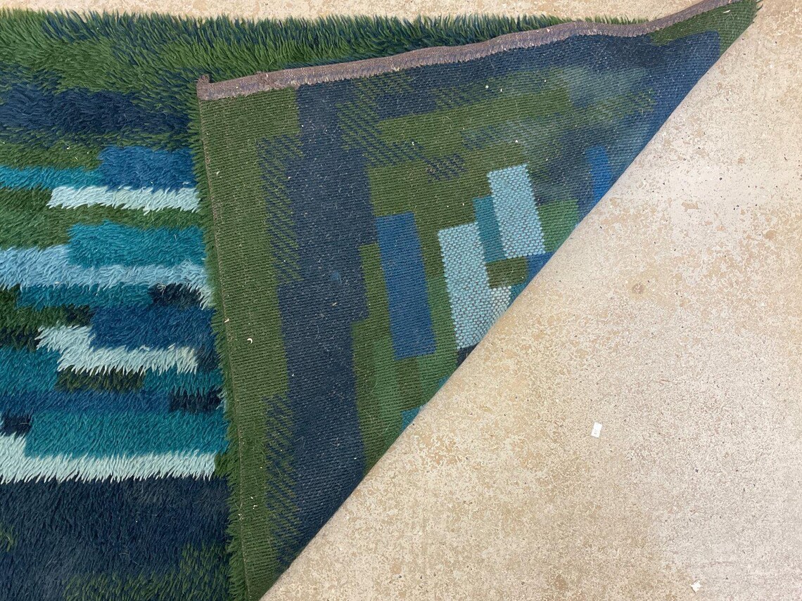Vintage 1970s Rya Style Shag Rug, Green and Shades of Blue - Etsy