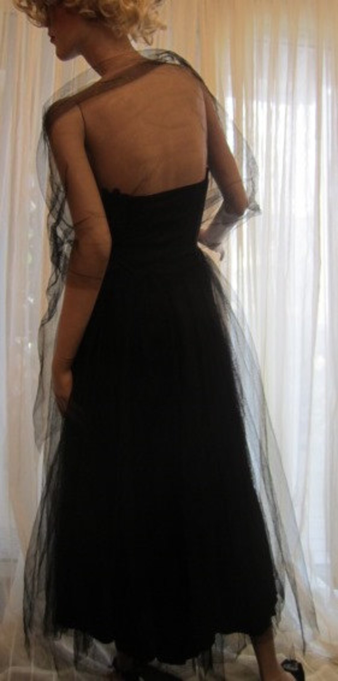 Vintage Jet Black Strapless Tulle Over Satin Gown With Black Velvet and ...