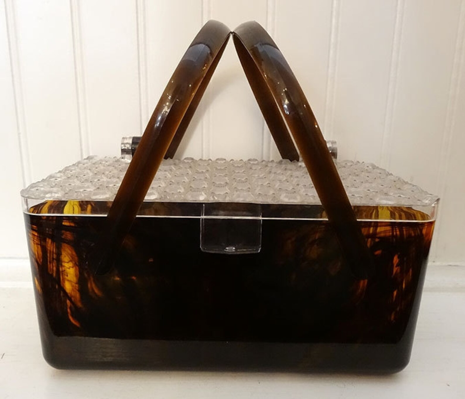Opaque Tortoise Double-handled Lucite Purse With Heavily Carved Top ...