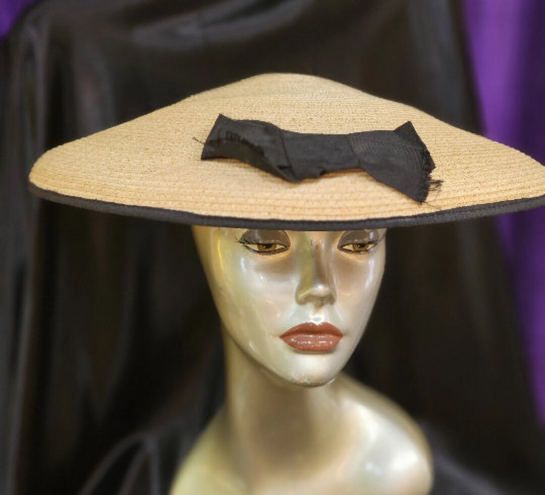 1980s Vintage Natural Straw Cartwheel Hat With Black Trim, Frederick ...