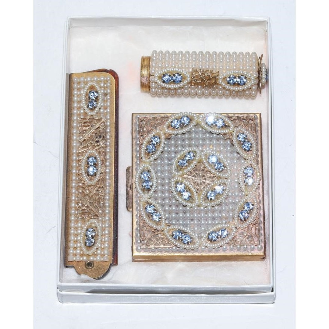 Vintage Trickettes Set: Bejewled Compact, Lipstick Case, Comb, Wiesner ...
