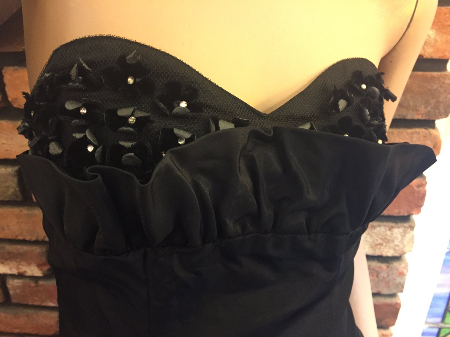 Vintage Jet Black Strapless Tulle Over Satin Gown With Black Velvet and ...