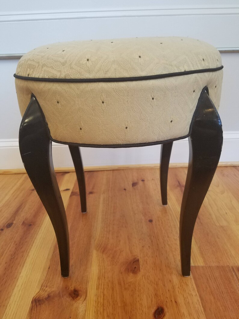 Art Deco Era Black Lacquered Wood Poof Stool With Cream and Black ...