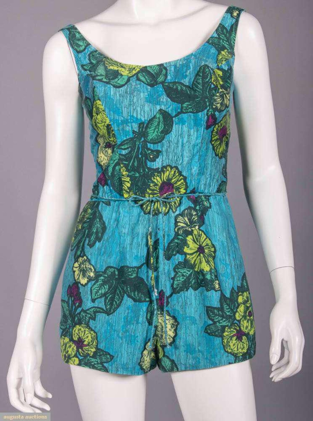 1950s Vintage Cotton Bathing Suit in Green, Blue and Magenta Floral ...
