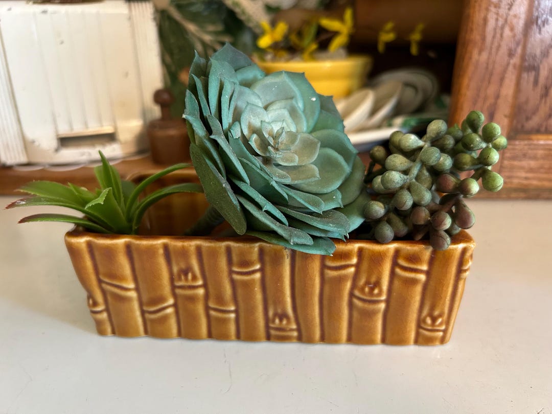 Vintage Planter or Serving Dish Brown Bamboo Design Ceramic Made in ...