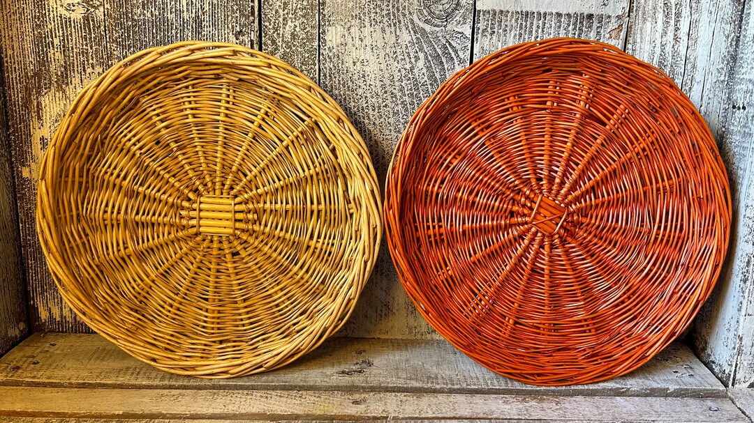 Vintage Colored Rattan Wicker Trays X 2, 11 Rattan Round Orange and ...