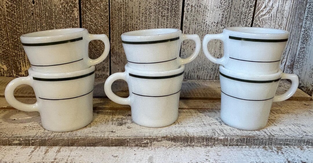 Vintage Pyrex Mugs X 6 Corning Green Banded, Six Coffee Cups White W ...