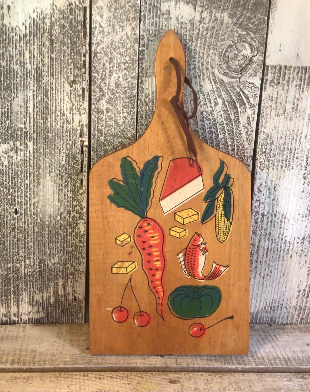 Vintage Wood Cutting Board Wall Hanging W Vegetable Motif, Farmhouse ...