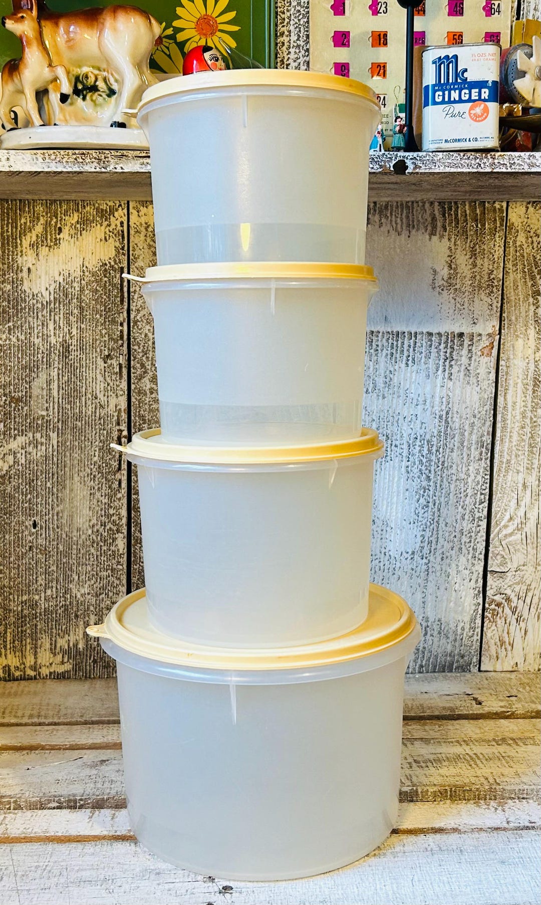 Vintage Tupperware Set of 4 Round Clear Canisters Containers W Almond ...