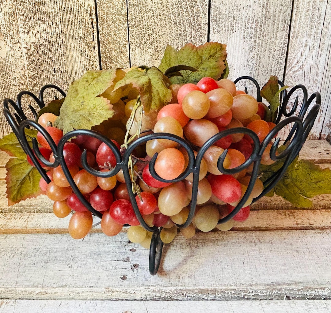 Vintage Lifelike Grape Clusters Centerpiece in Black Metal Bowl, 4 ...