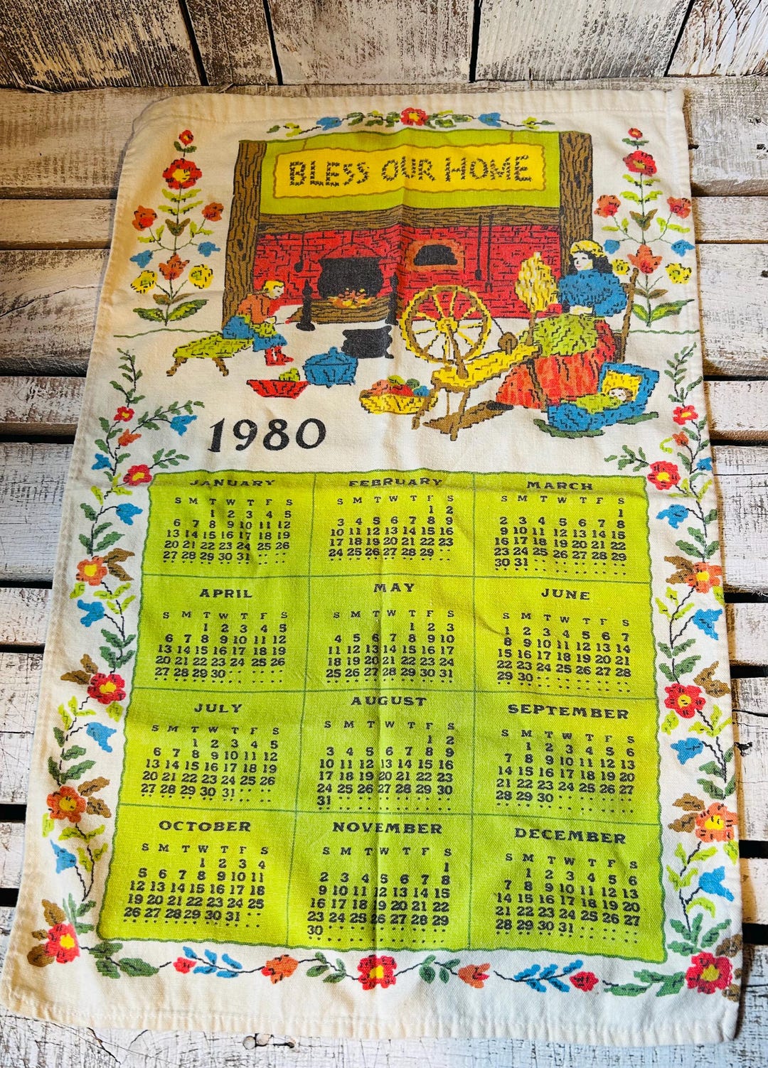 Vintage 1980 Linen Calendar W Home Sweet Home Design, Cloth 1980 ...