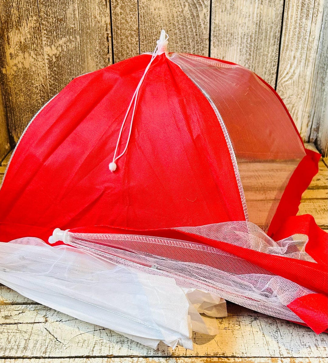 Vintage Food Umbrella Covers X 3, Red and White Netted Food Umbrellas ...