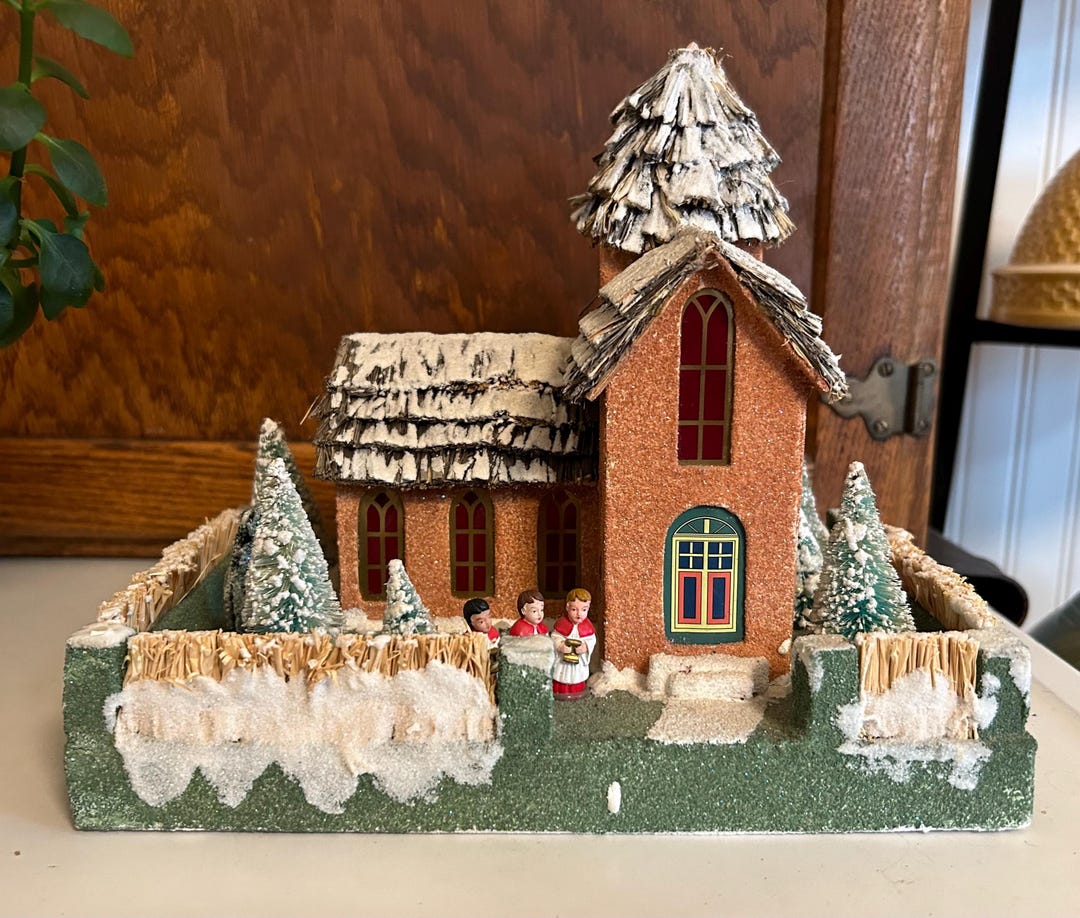 Vintage Putz Sparkling Church W Carolers Christopher Radko Shiny Brite ...