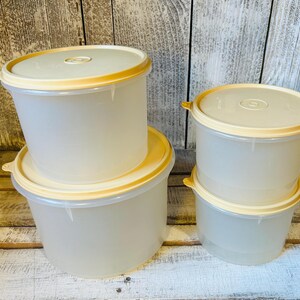 Vintage Tupperware Set of 4 Round Clear Canisters Containers W Almond ...