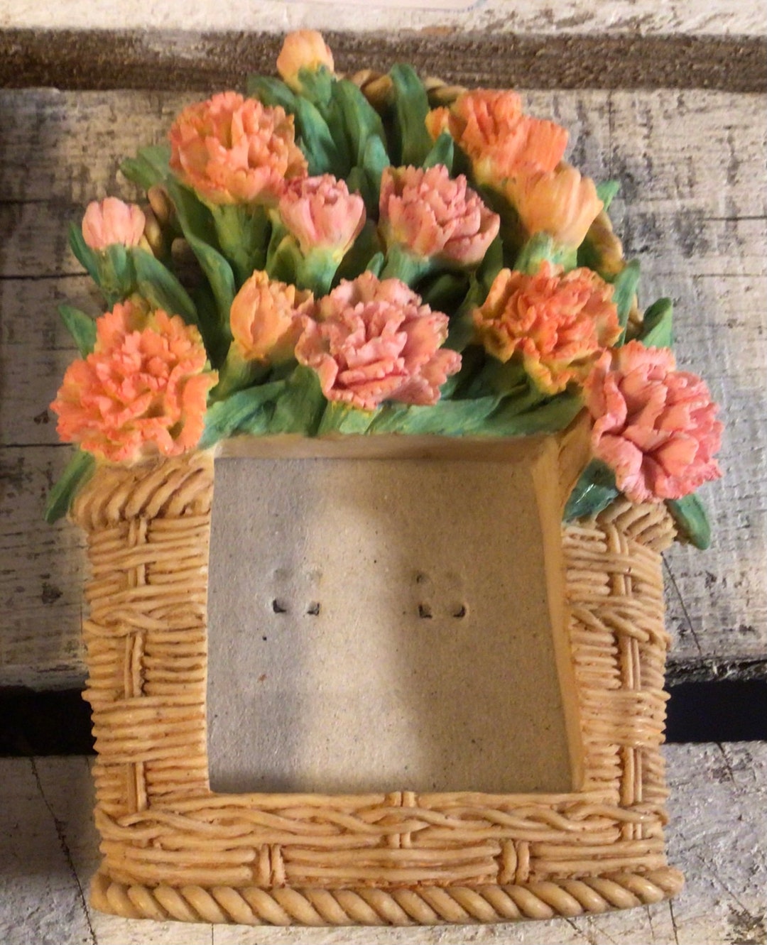 Vintage Small Ceramic Frame W Pink Carnations in Basket Inside Opening ...