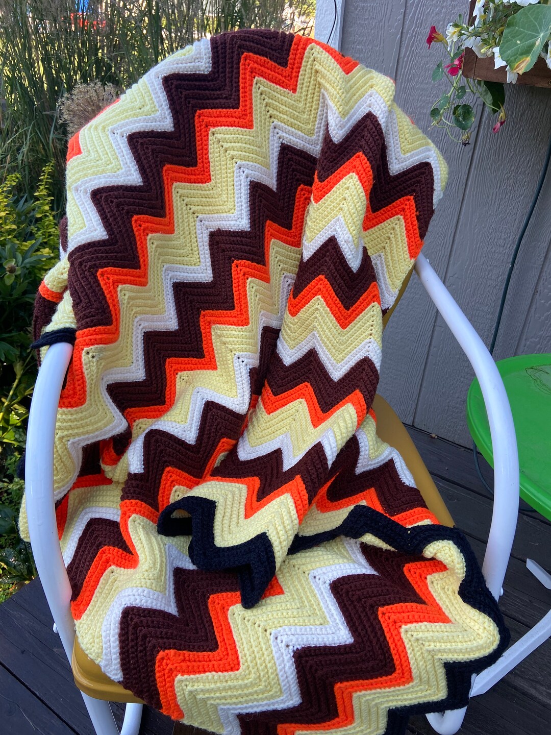 Vintage Crocheted Chevron Afghan: Granny Core Style, Yellow Orange ...