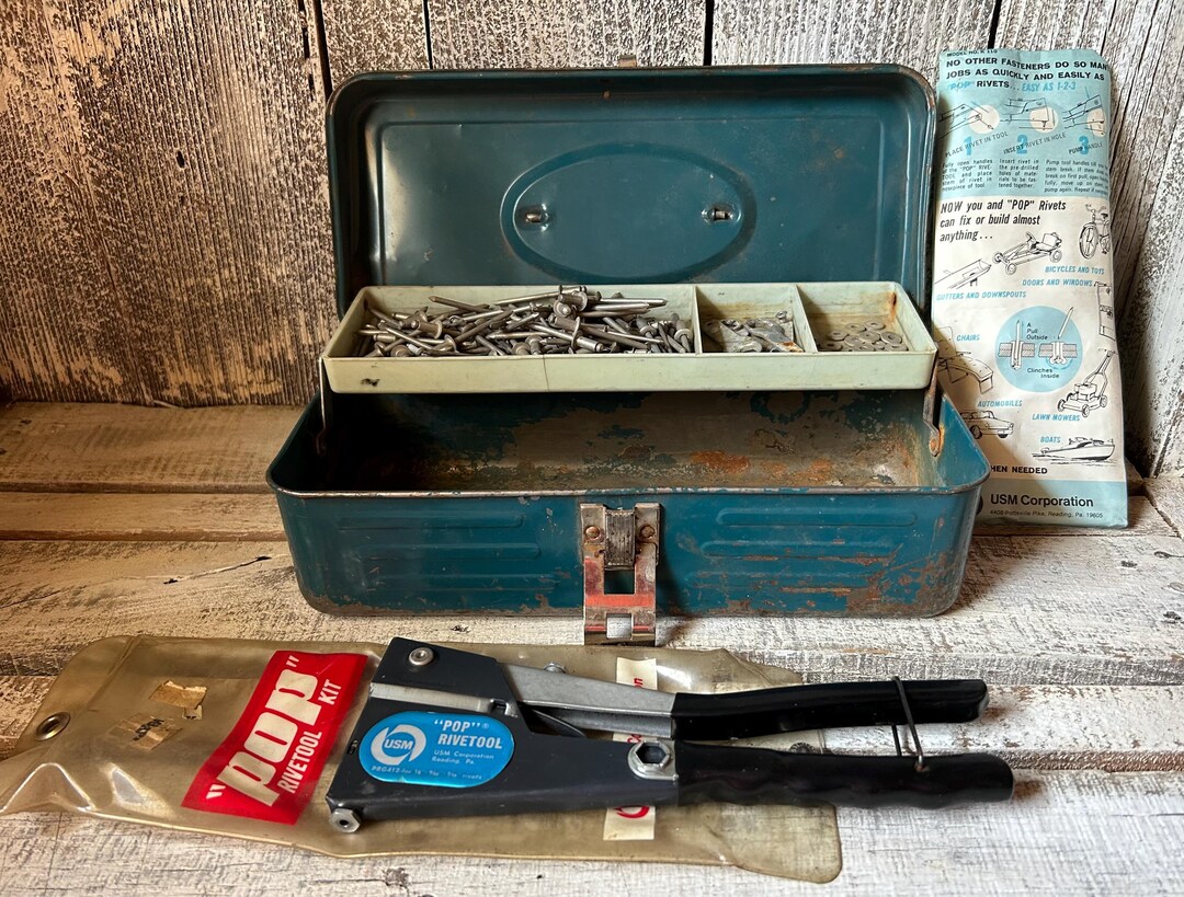 Vintage Metal Toolbox W Pop Rivet Tool Kit, Rivet Hand Tool, Old Metal ...