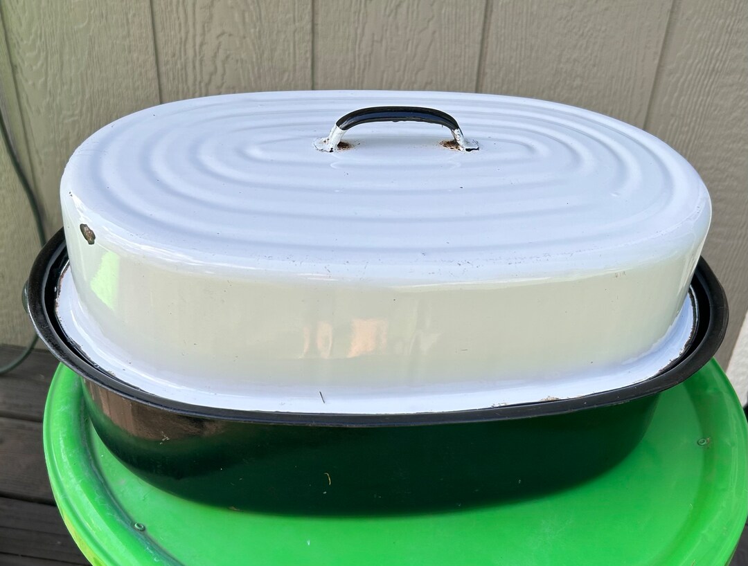Vintage Large Enamelware Covered Roasting Pan, Mid Century Black and ...
