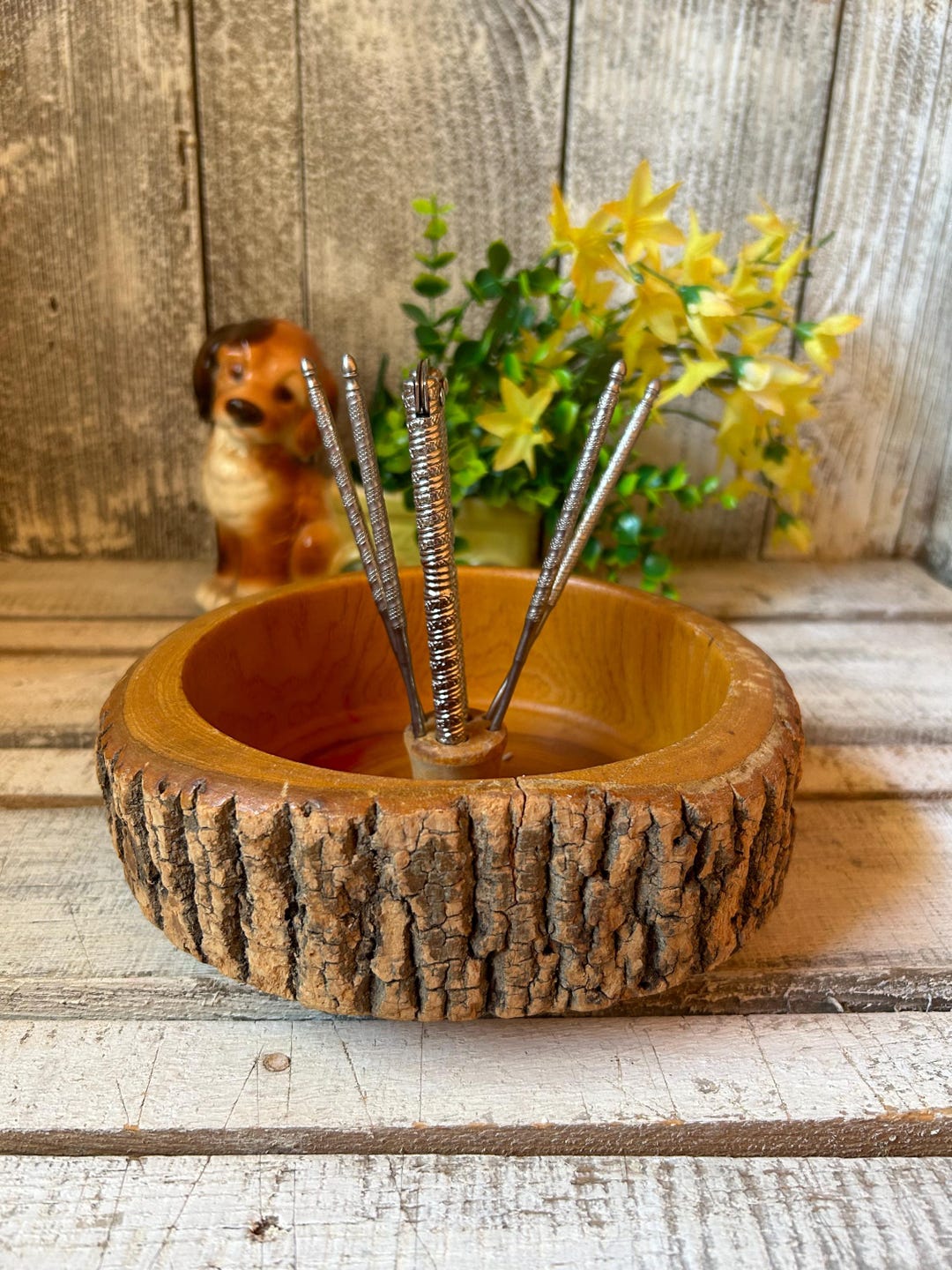 Vintage Bark Sided Nut Bowl Set, Wood Nut Bowl W Nut Cracker and 4 ...